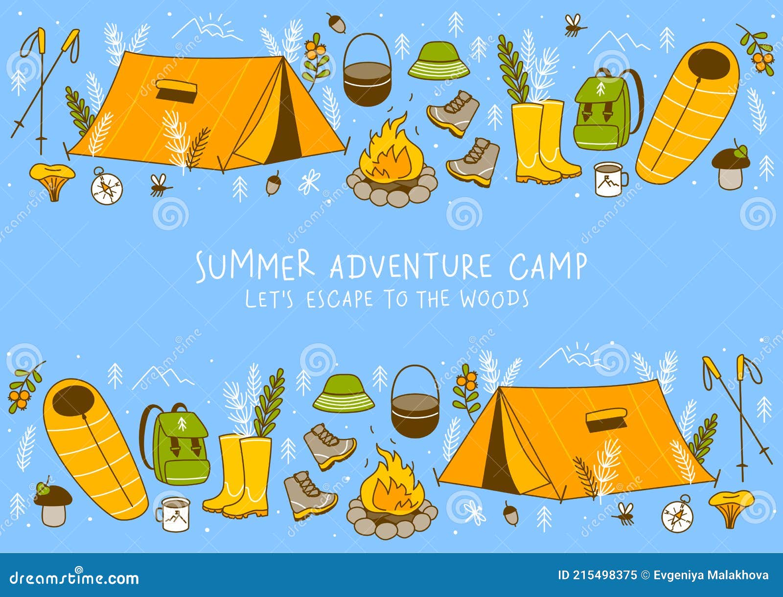 Horizontal Border with Forest and Mountain Hiking Items on Blue ...