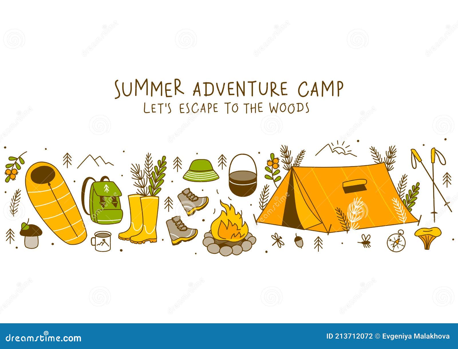 Horizontal Border with Forest and Mountain Hiking Items Isolated on ...