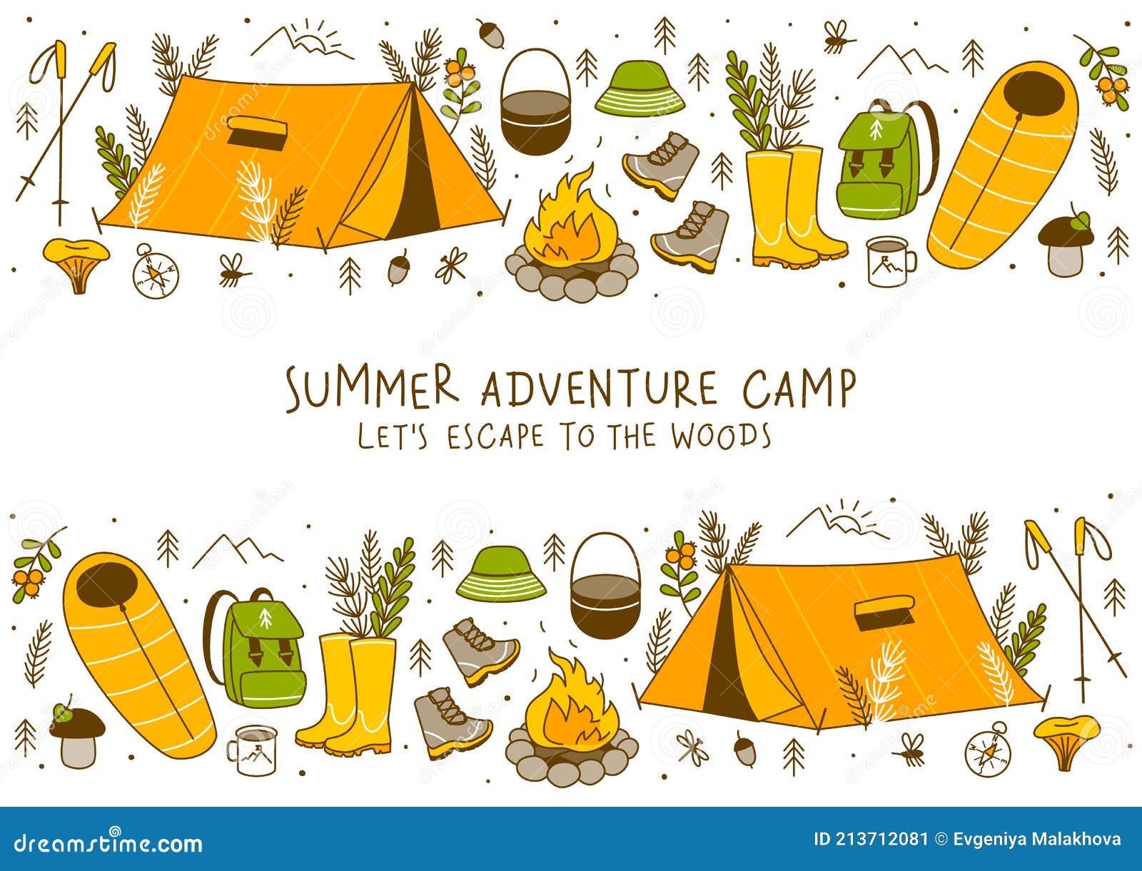 Horizontal Border with Forest and Mountain Hiking Items Isolated on ...