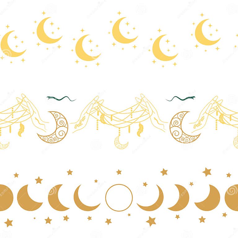 Horizontal Border, Set Magic and Heavens Seamless Pattern, with Magical ...