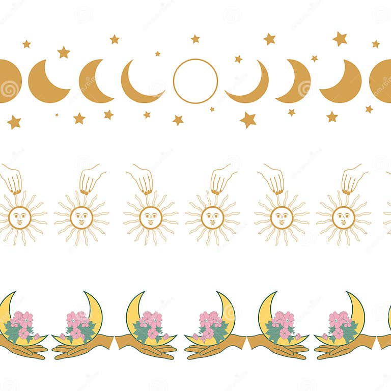 Horizontal Border, Set Magic and Heavens Seamless Pattern, with Magical ...