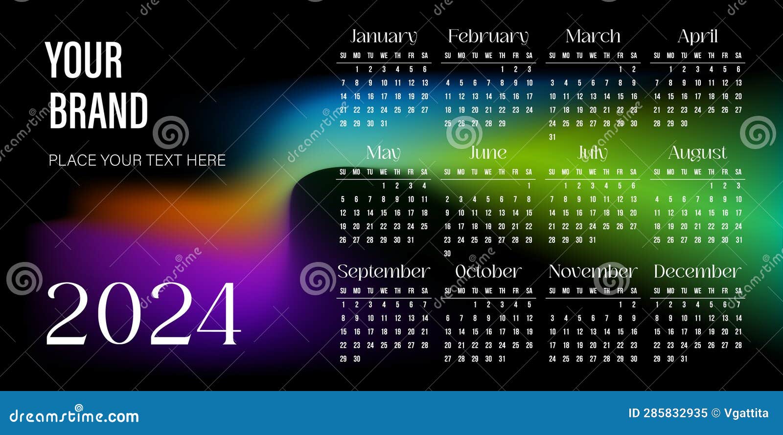 Horizontal Calendar 2024 Template Dark Design with Neon Color Gradient ...