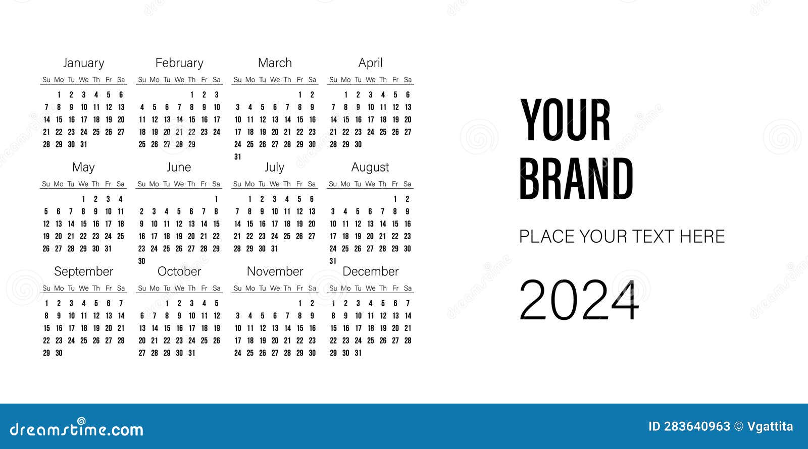 Horizontal Calendar With Illustrations Of Rabbits For Each Month Of The ...