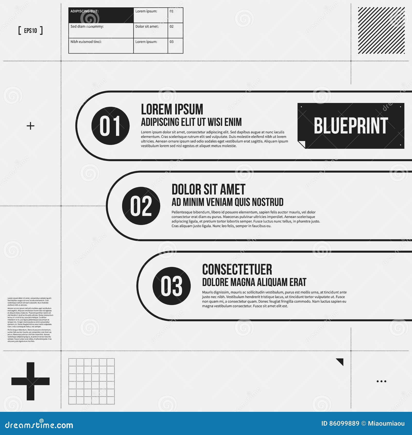 Horizontal Chart Template in Draft Style with Three Numbered Banners ...