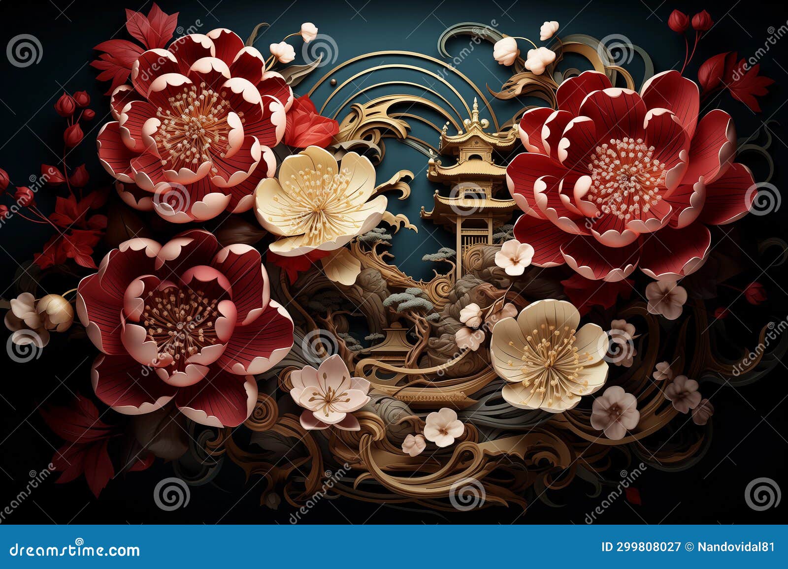 Horizontal Chinese Pattern Wallpaper with Flowers and a Temple Stock ...