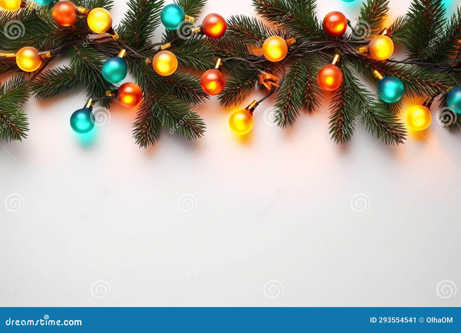 Horizontal Christmas Tree Branches Border Decorated Shiny Baubles. AI ...
