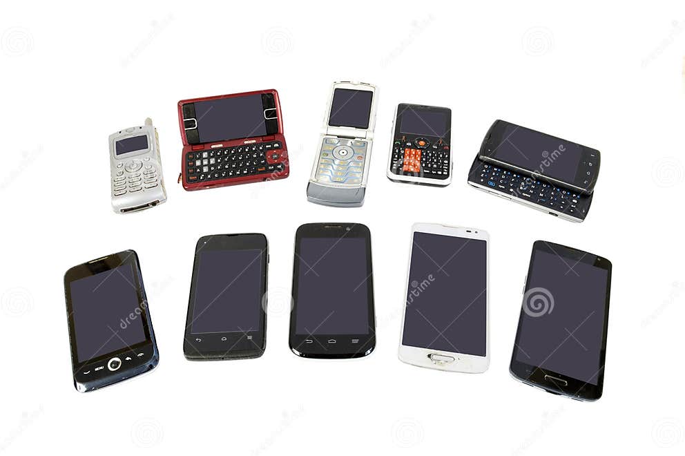 Different Generations of Mobile Phones Opened on White Background Stock ...