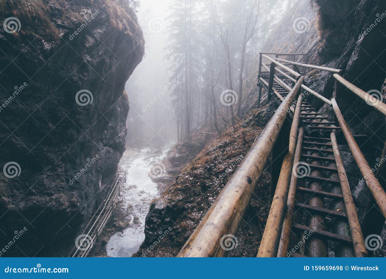 Horizontal Closeup of a Wooden Pathway Near a Cliff with the Forest ...
