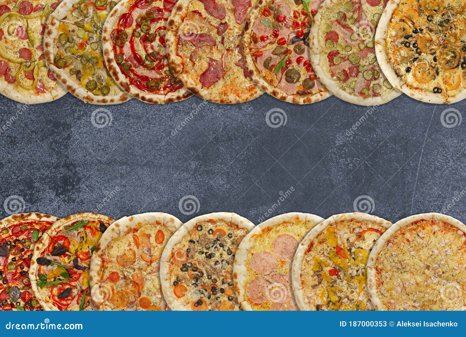 Horizontal Collage of Different Baked Pizzas on Metal Plate Stock Image ...
