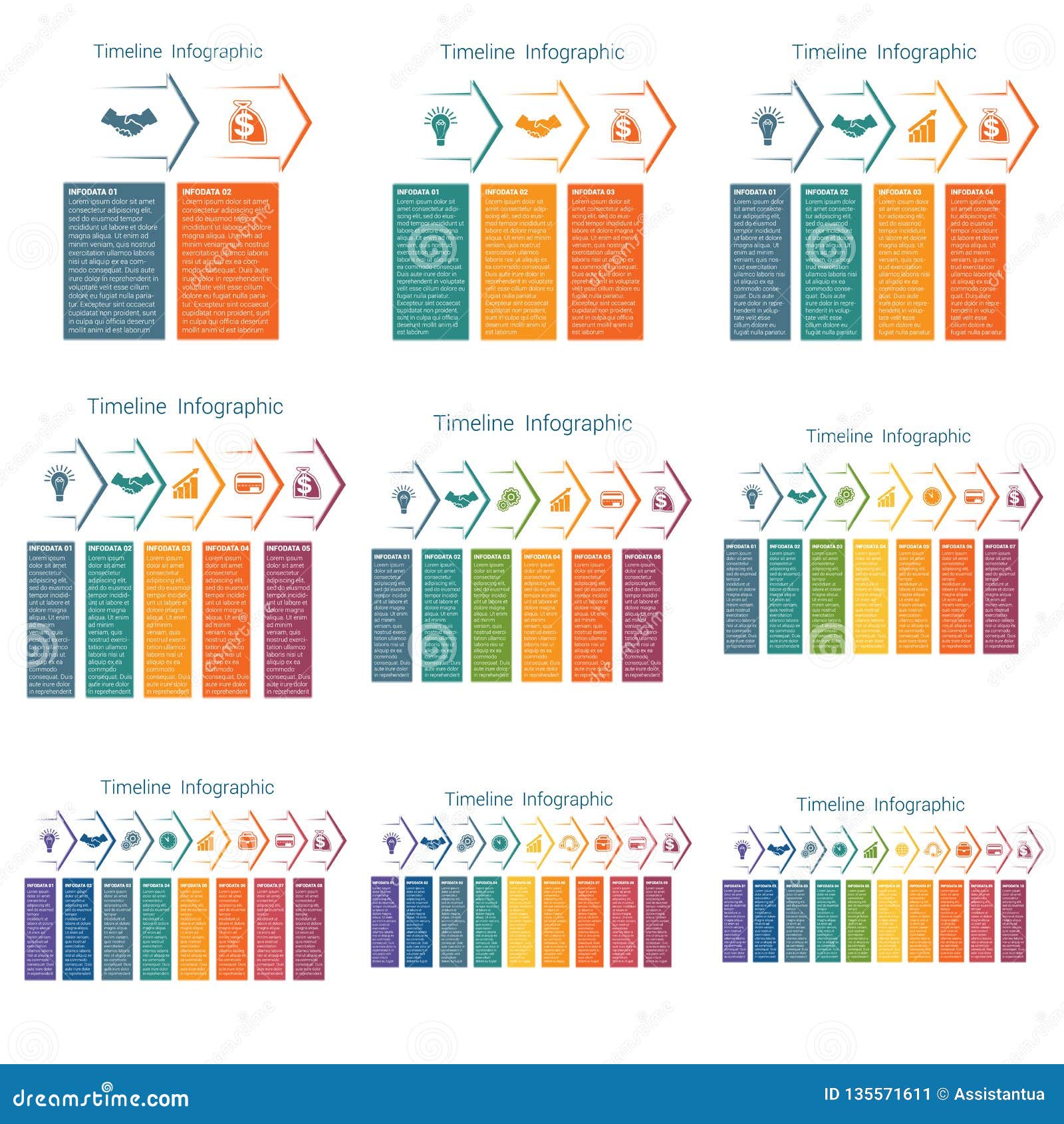 Horizontal Color Arrows, Templates Infographics for 2,3,4,5,6,7,8,9,10 ...