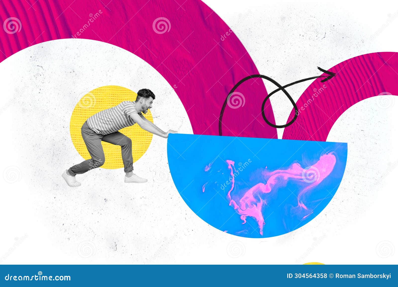 Horizontal Contemporary Collage Photo with Diligent Young Guy Pull Big ...