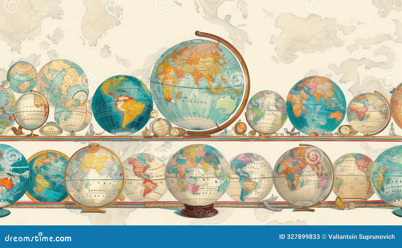 A Horizontal Decorative Border Composed of Various Globes and Maps ...