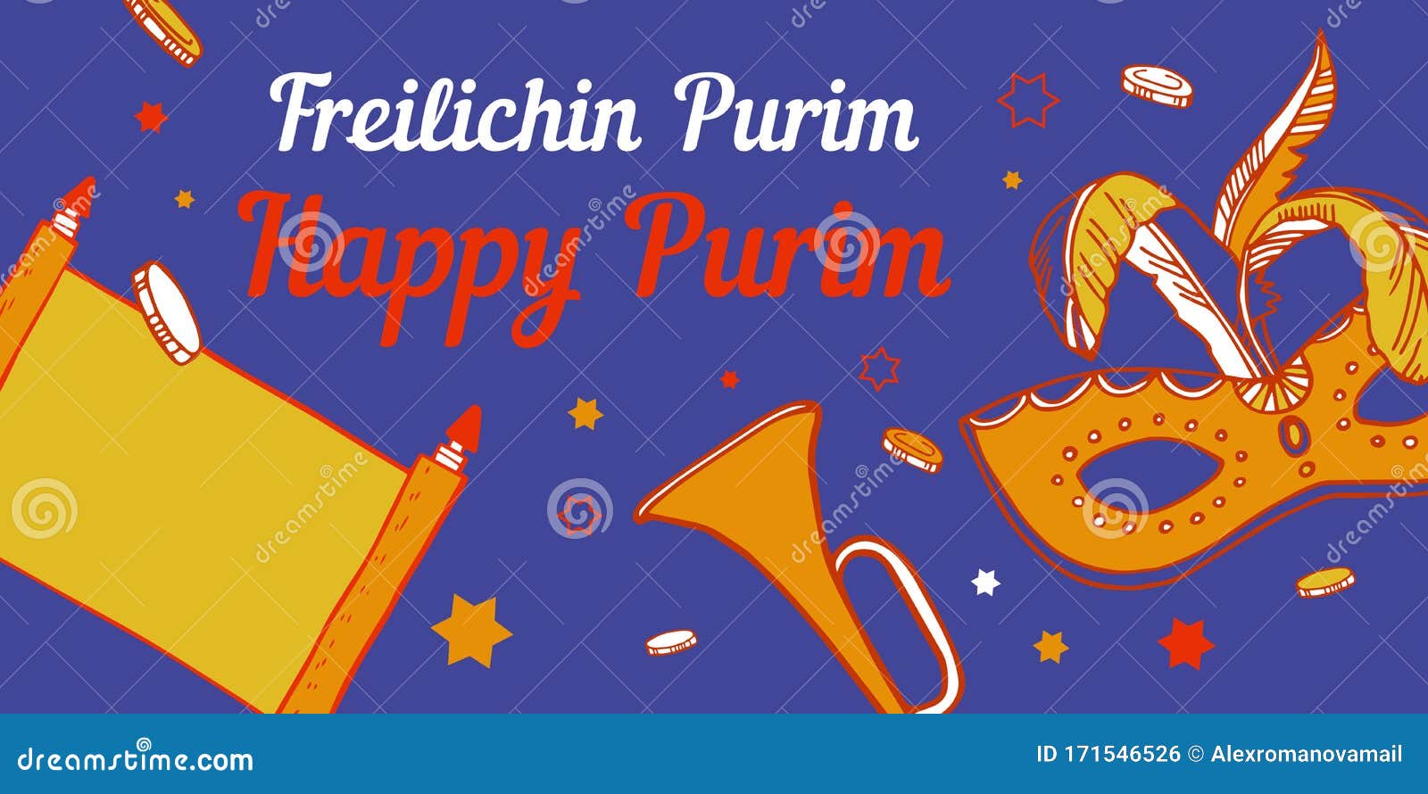 Horizontal Design Template for Purim. Scroll, Mask and Pipe Stock ...