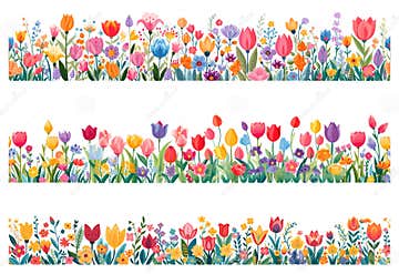 Horizontal Flowers Borders. Spring Blooming Floral Border Decors ...