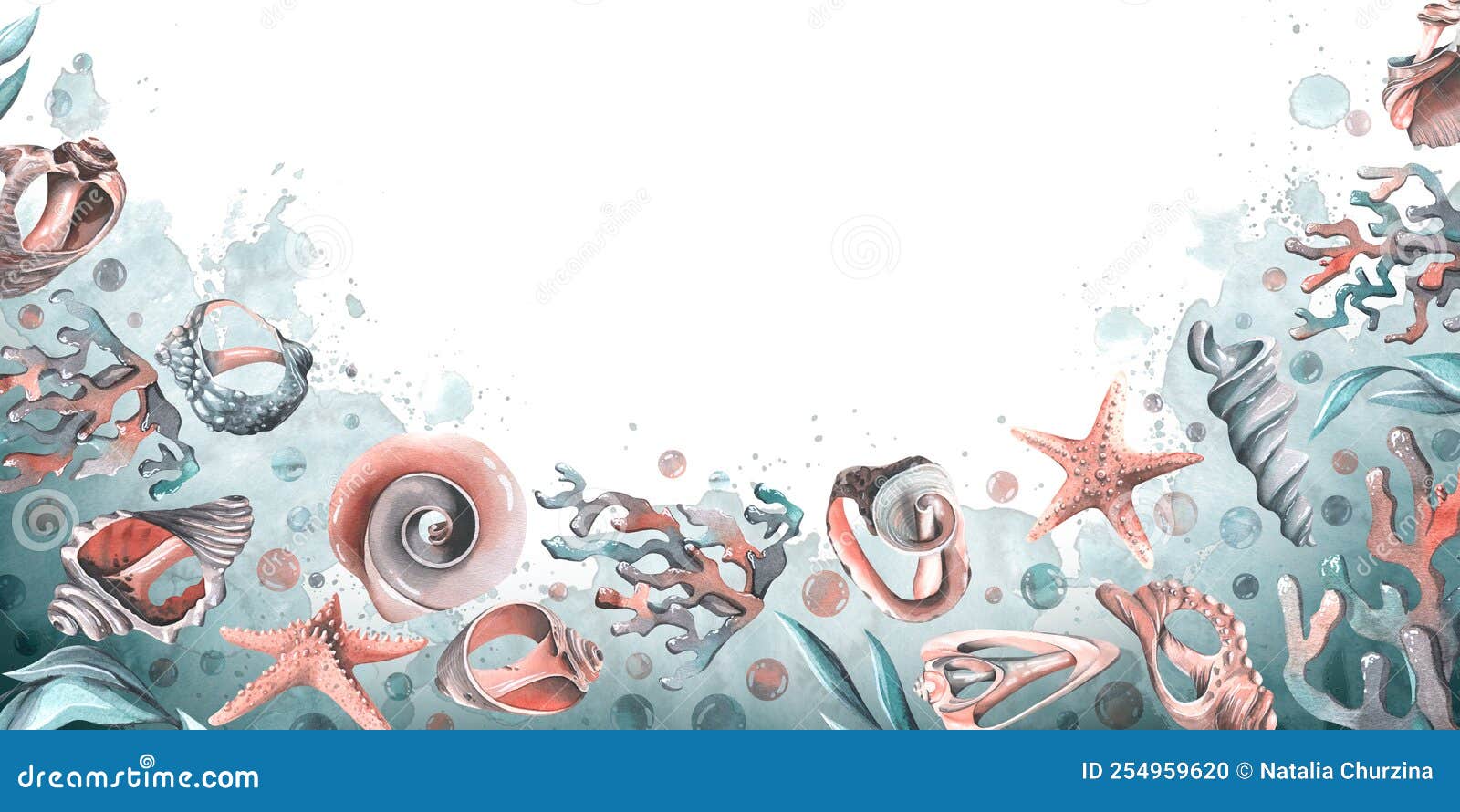 Horizontal Frame with Shells, Algae, Corals and Bubbles. Watercolor ...