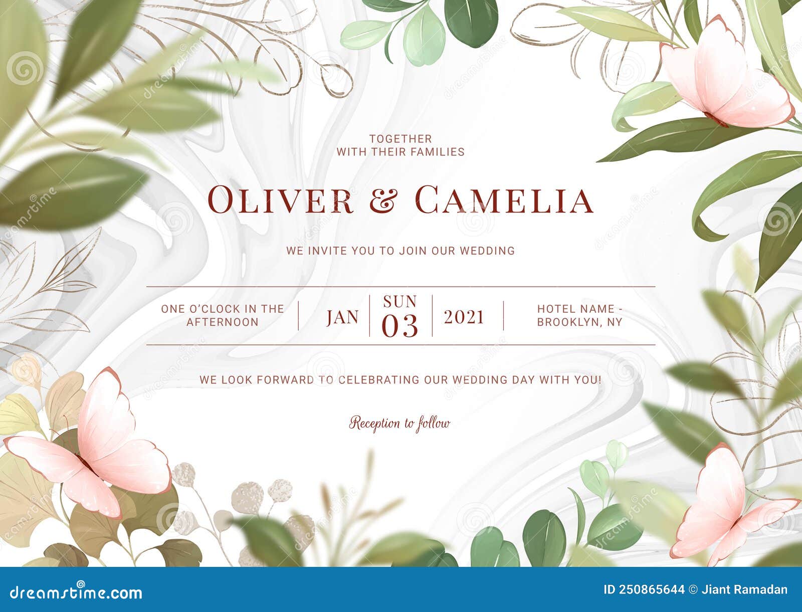 Horizontal Greenery Wedding Invitation Card Template Set Vector ...