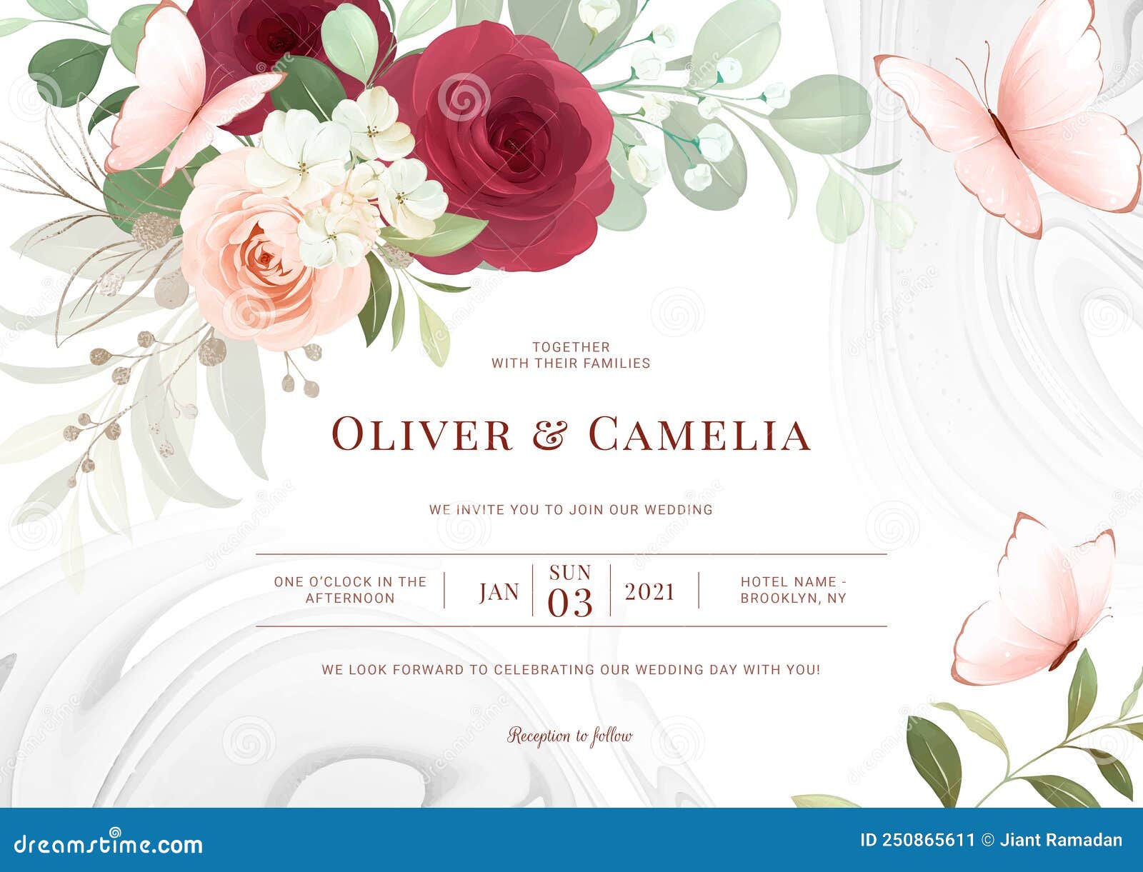 Horizontal Greenery Wedding Invitation Card Template Set Stock ...