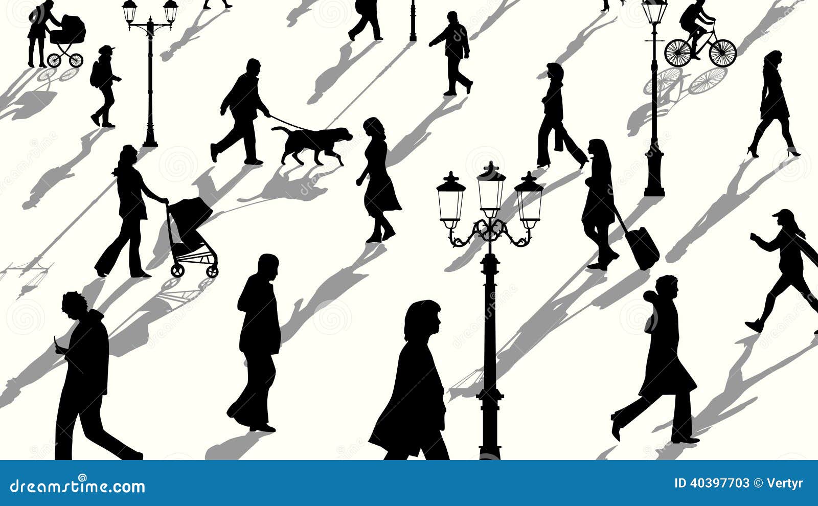 Horizontal Illustration Of Crowd People Silhouettes With Shadows ...