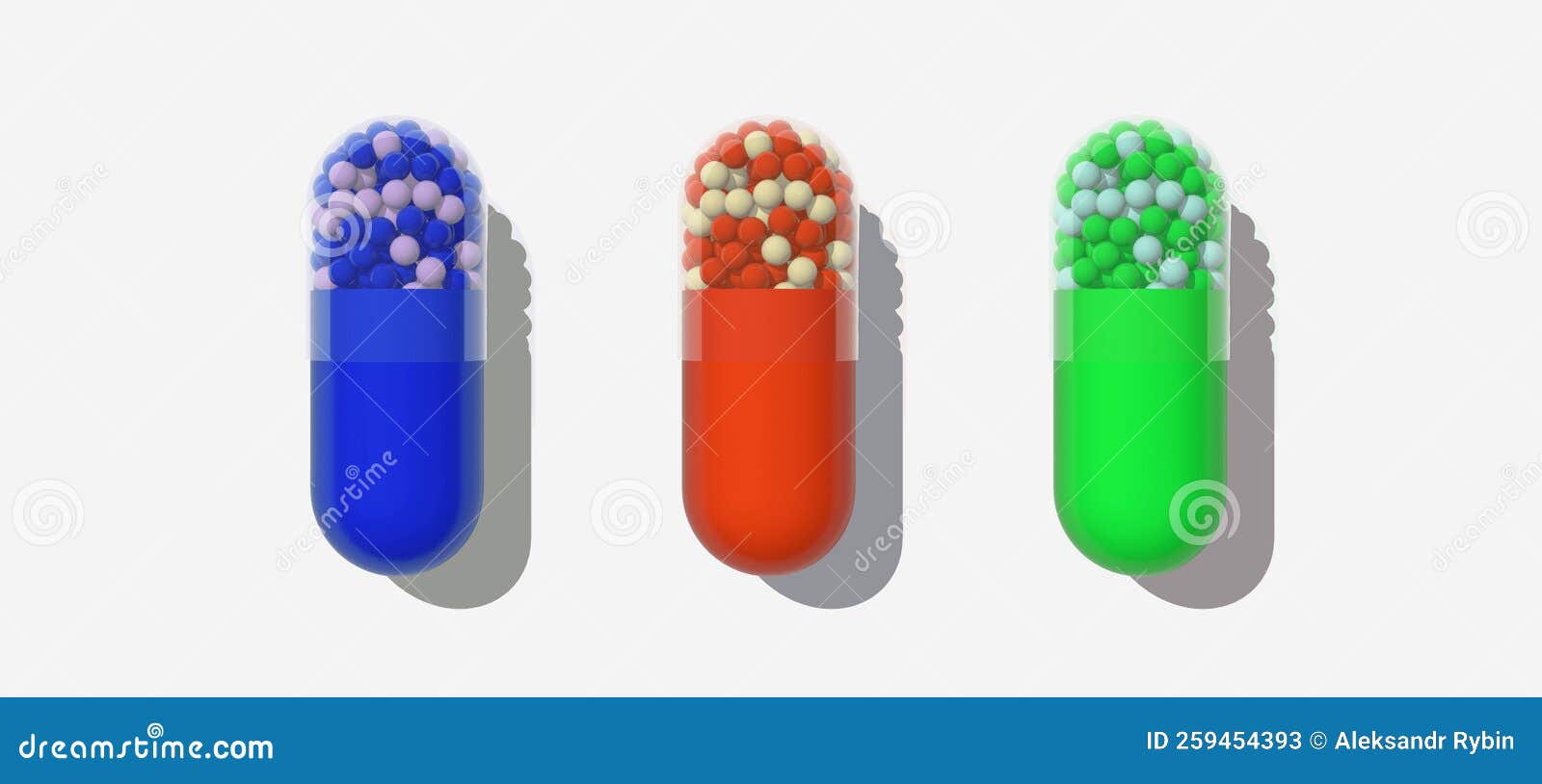 Set of Three Multi-colored Pills 3d Render Isolated on a White ...