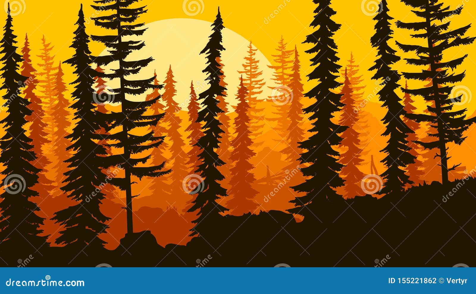 Horizontal Illustration of Sunset in Forest Hills. Stock Photo - Image ...