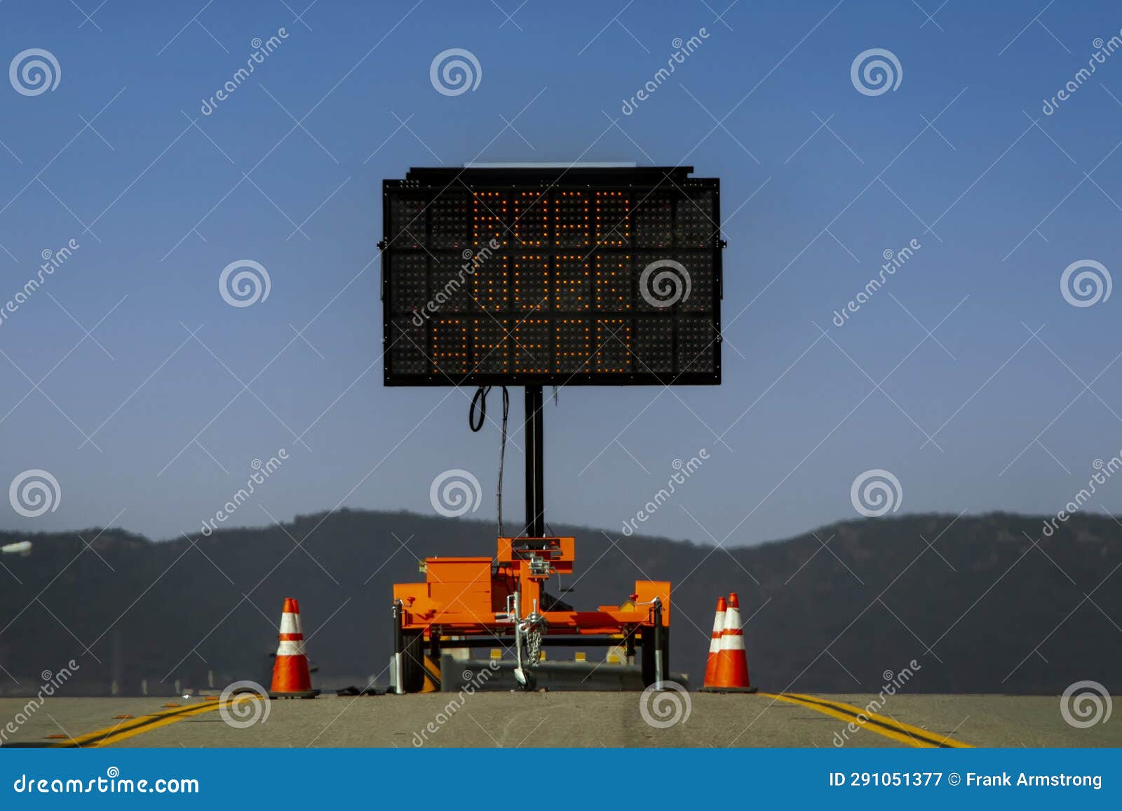 Horizontal Image of a Digital Road Sign Stating Road Work Ahead on a ...