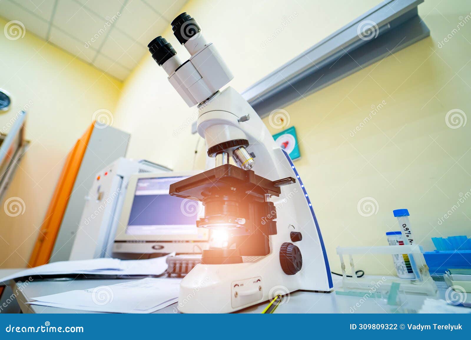 Horizontal Image of the Microscope. Ready for Research. Bacteria and ...