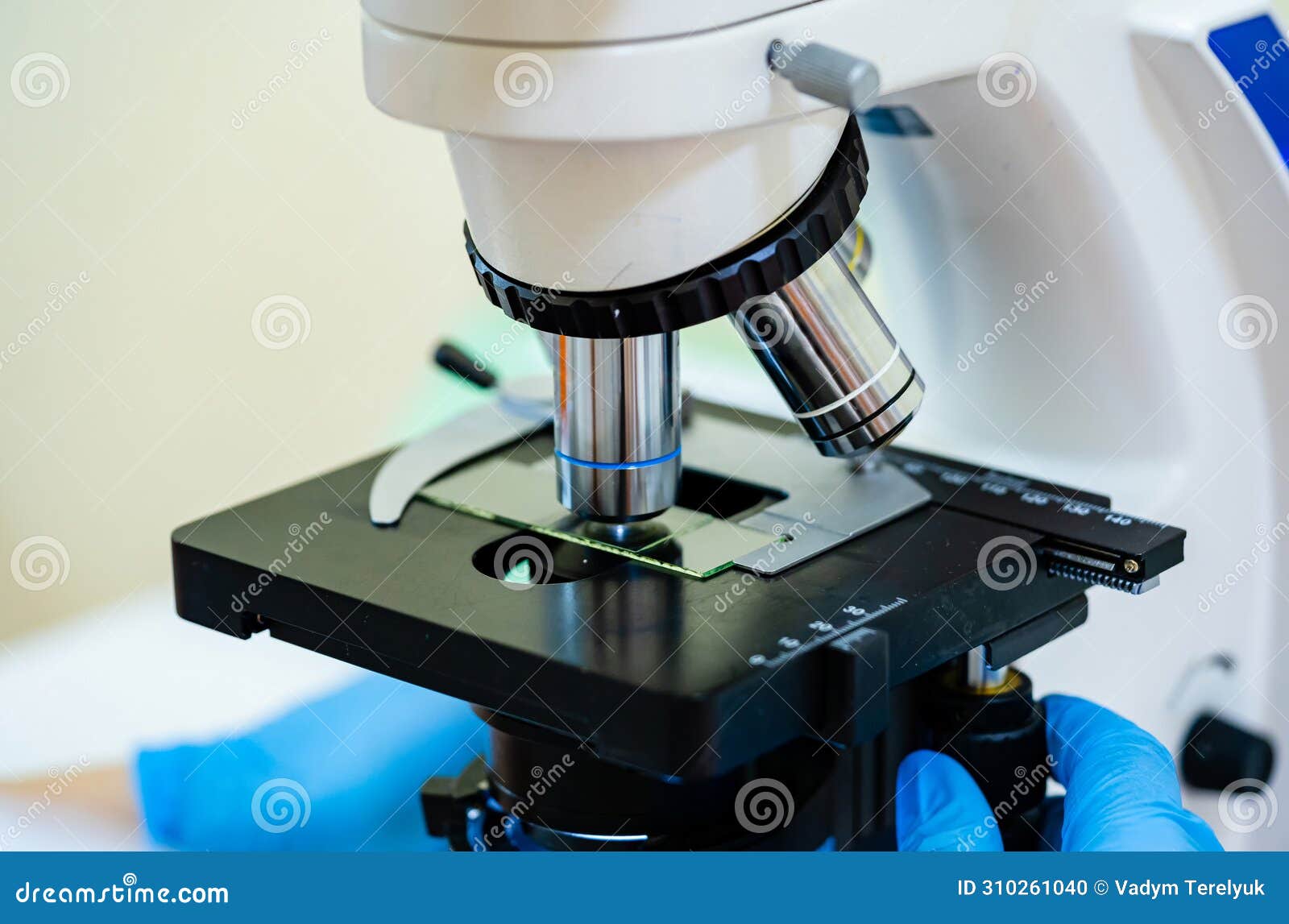 Horizontal Image of the Microscope. Ready for Research. Bacteria and ...