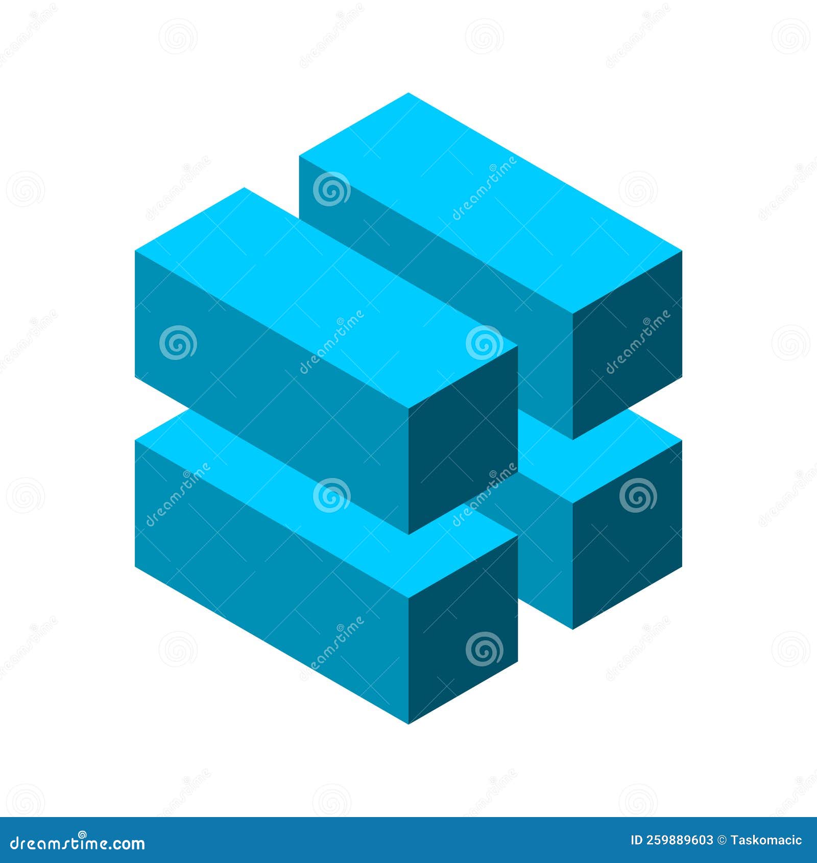 Horizontal Isometric Bars. Blue Columns in Hexagon Shape. Four Stacked ...