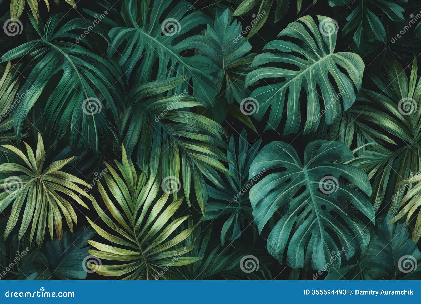 A Horizontal Layout Featuring a Pattern of Deep, Dark Green Palm Leaves ...