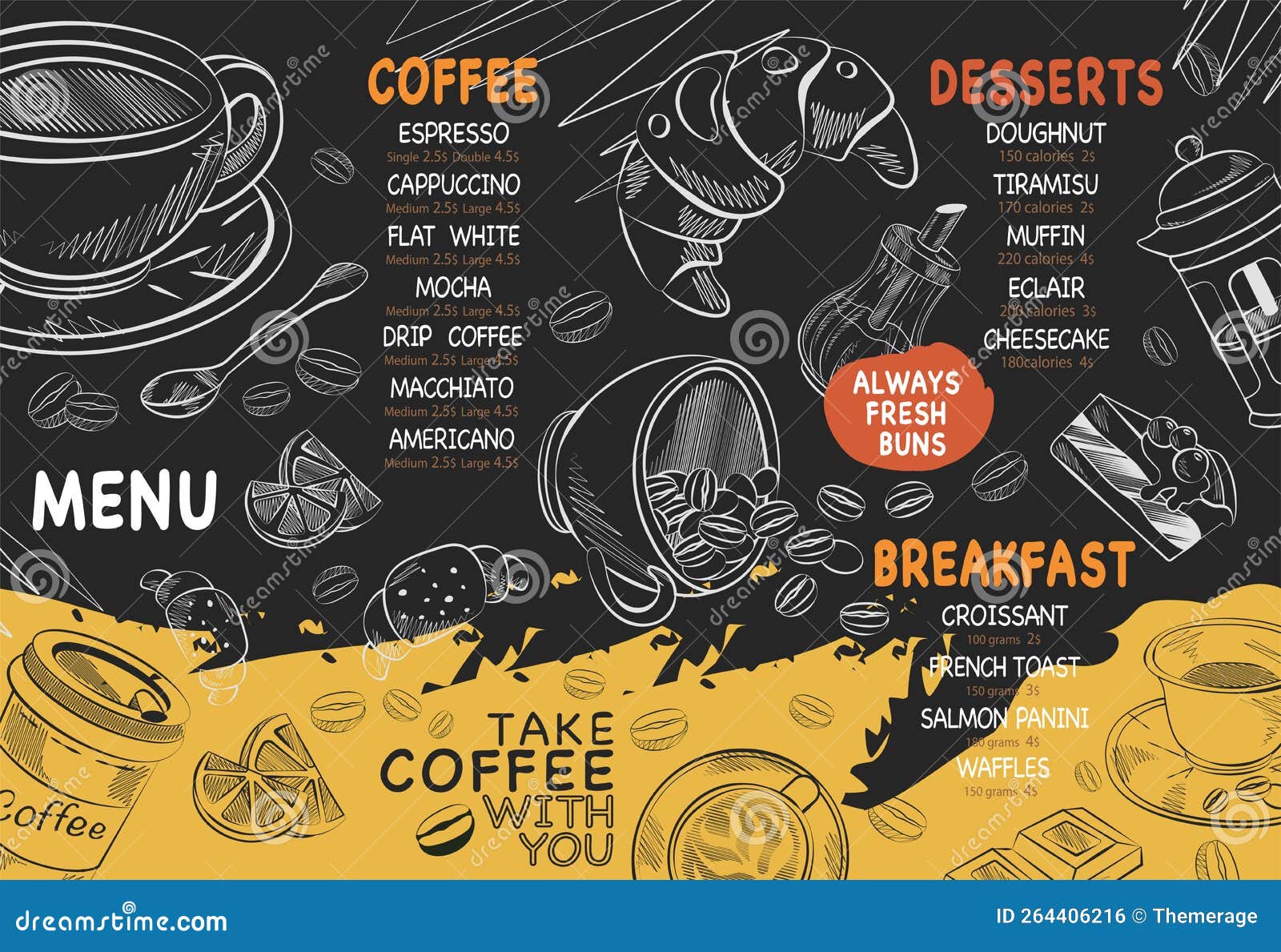 Horizontal Menu Template with Coffee Dessert and Breakfasts with Yellow ... Horizontal Menu Template with Coffee Dessert and Breakfasts with Yellow ...