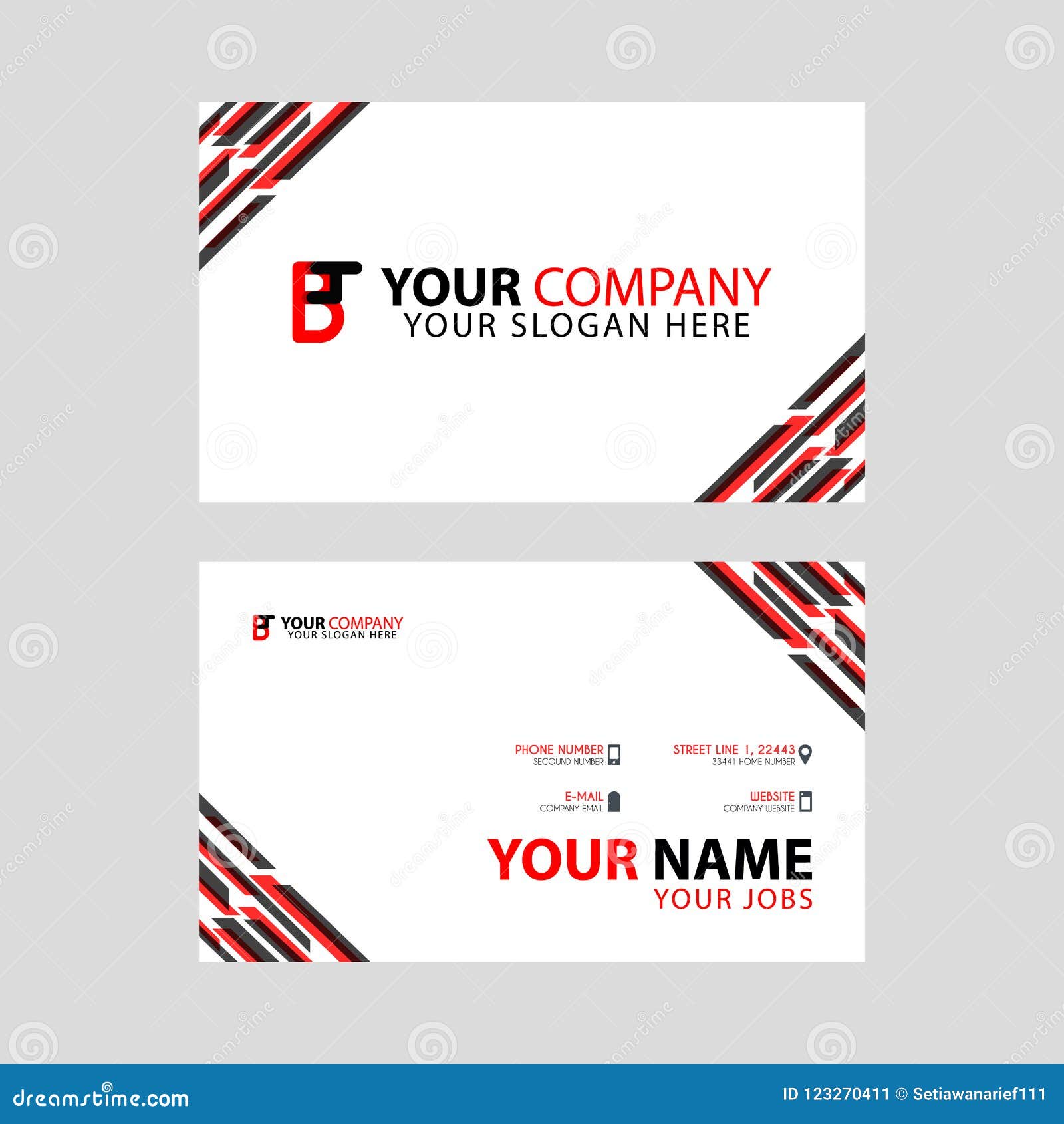 Horizontal Name Card with BT Logo Letter and Simple Red Black and ...