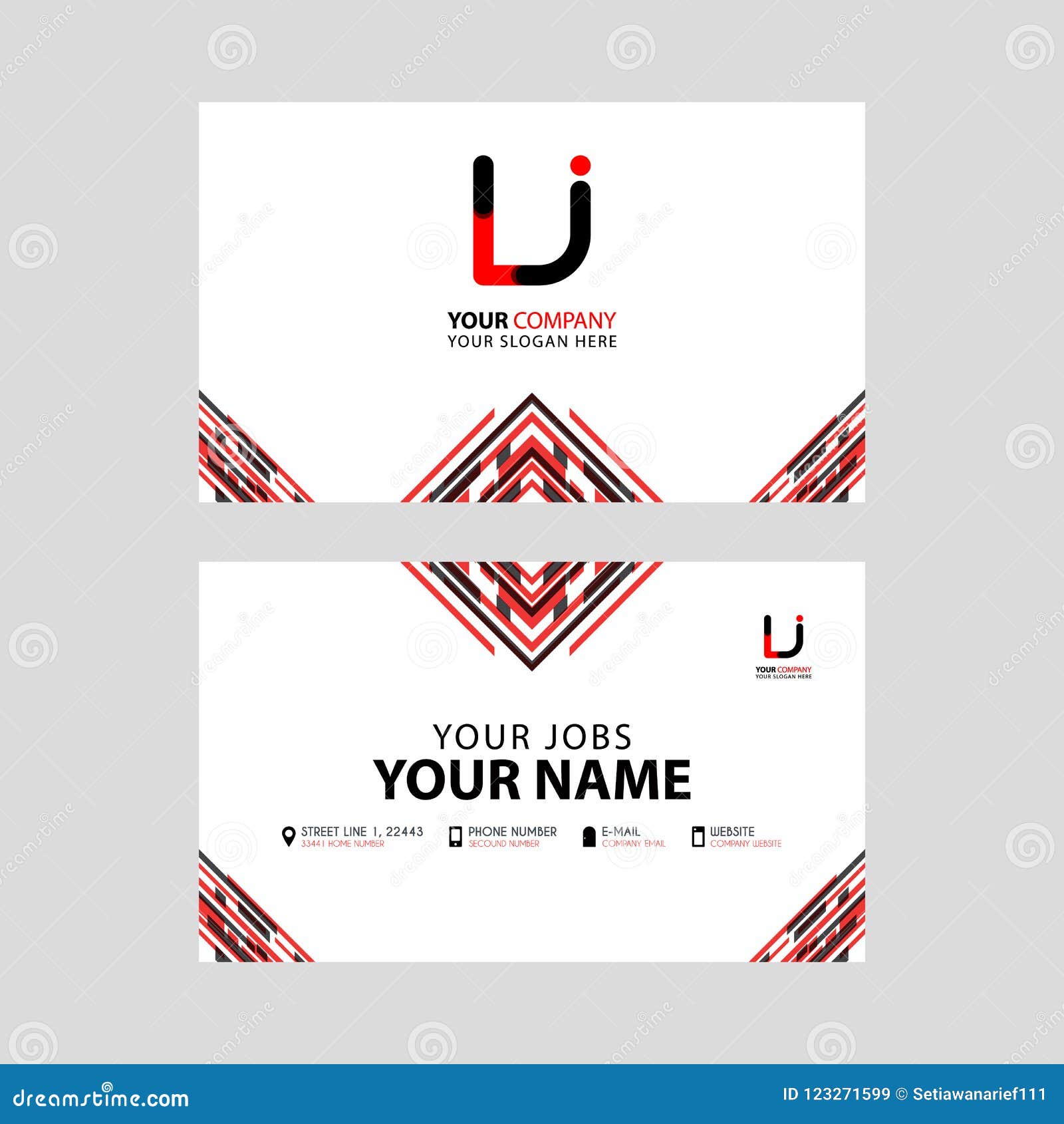 Horizontal Name Card with LJ Logo Letter and Simple Red Black and ...