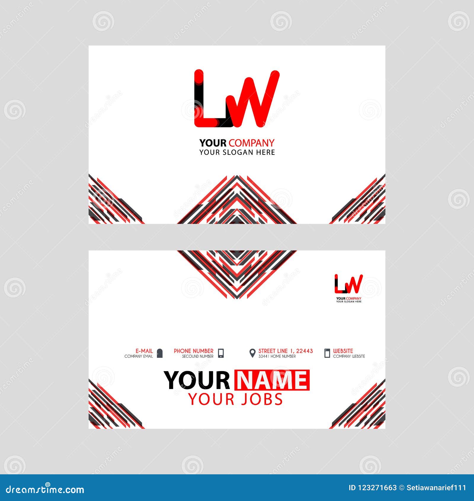 Horizontal Name Card with LW Logo Letter and Simple Red Black and ...