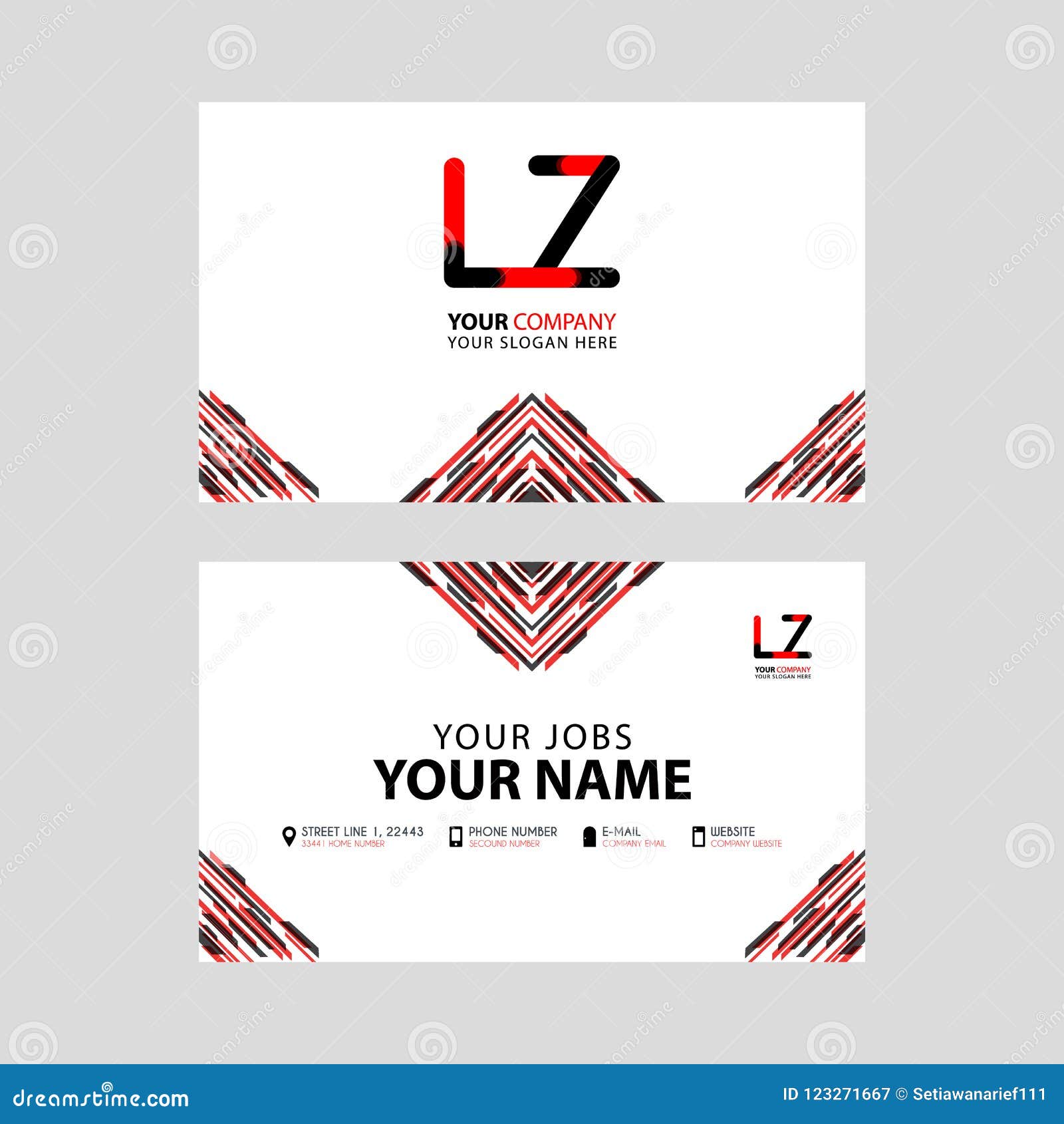 Horizontal Name Card with LZ Logo Letter and Simple Red Black and ...