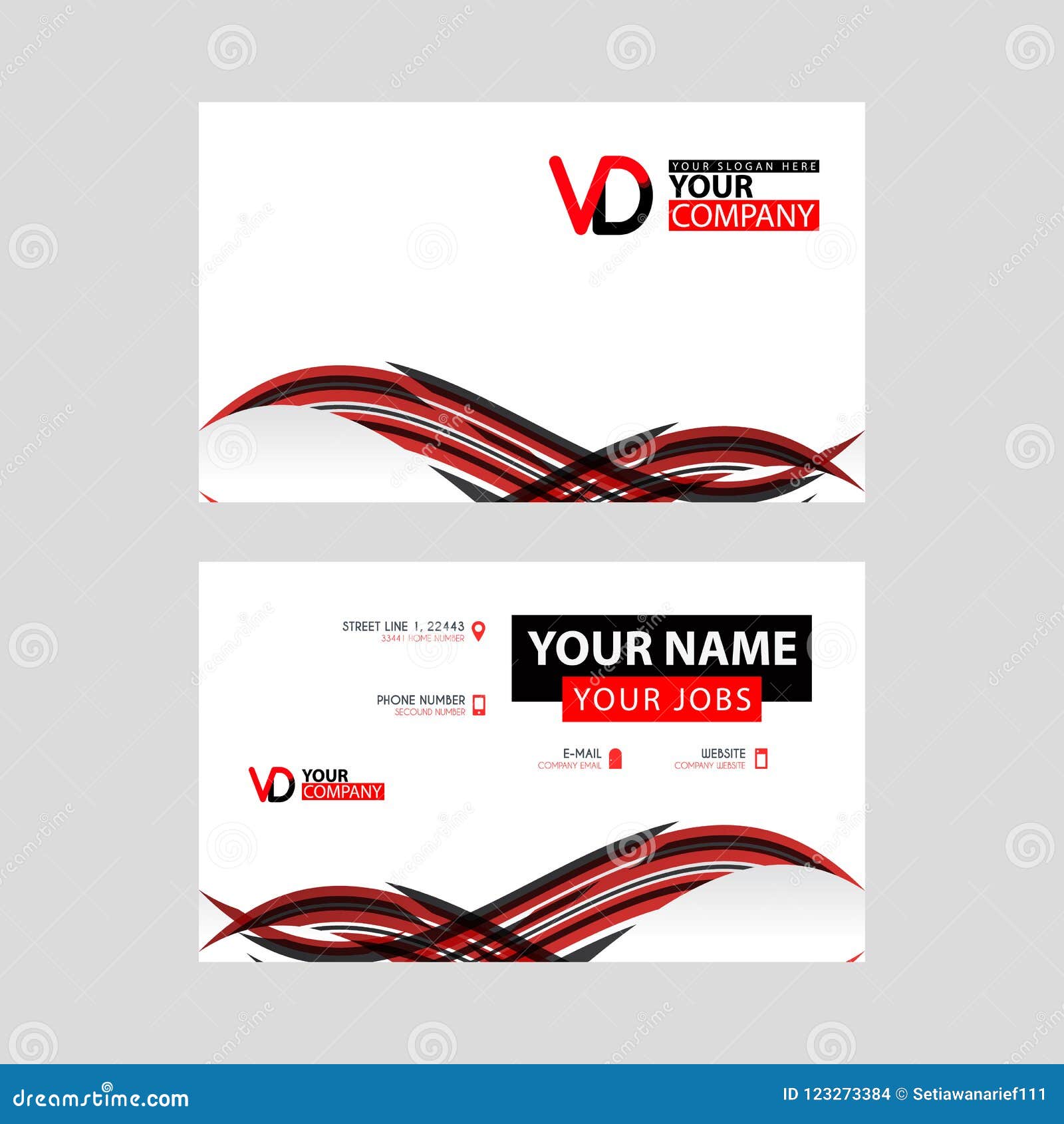 Horizontal Name Card with VD Logo Letter and Simple Red Black and ...