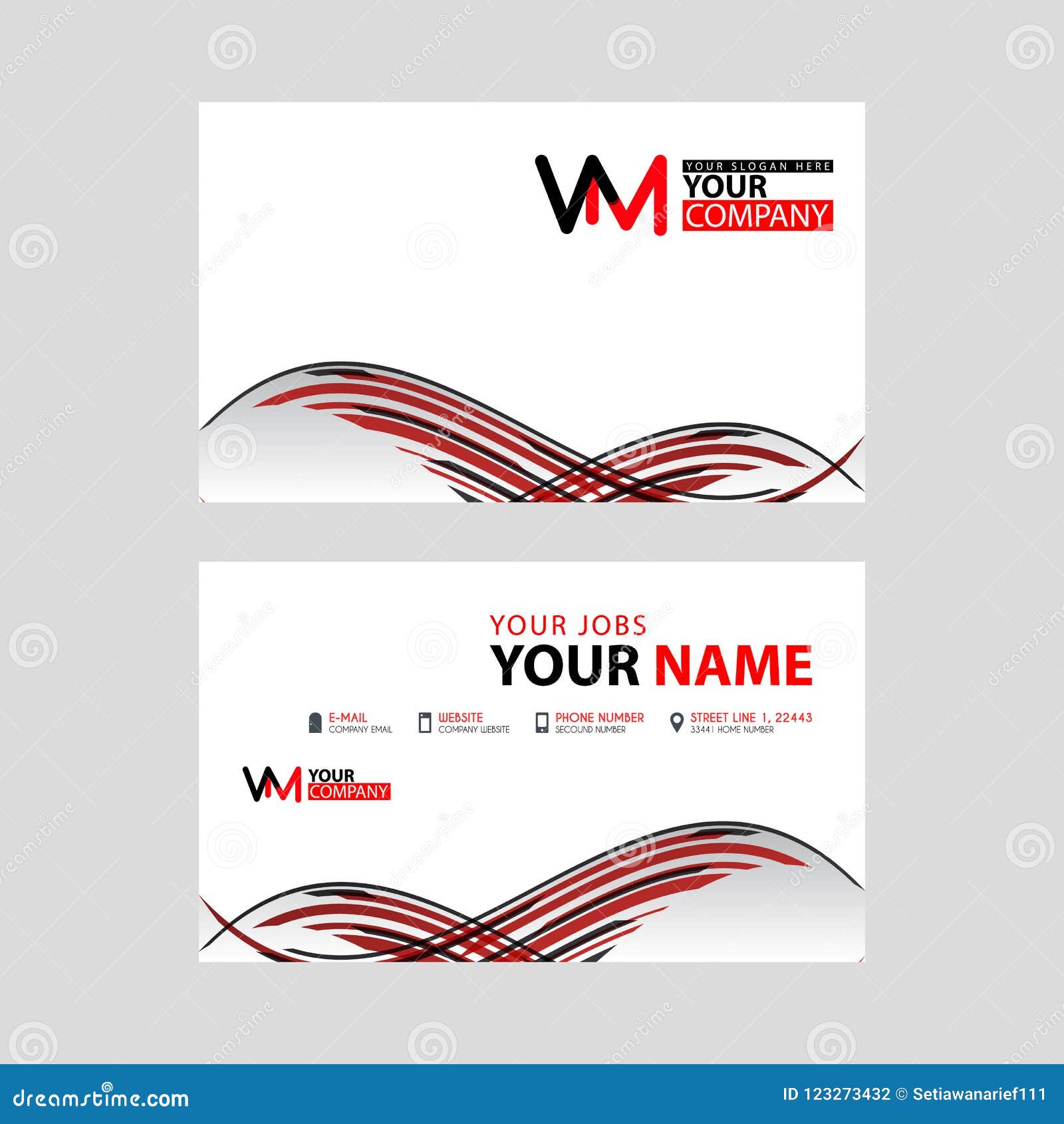 Horizontal Name Card with VM Logo Letter and Simple Red Black and ...