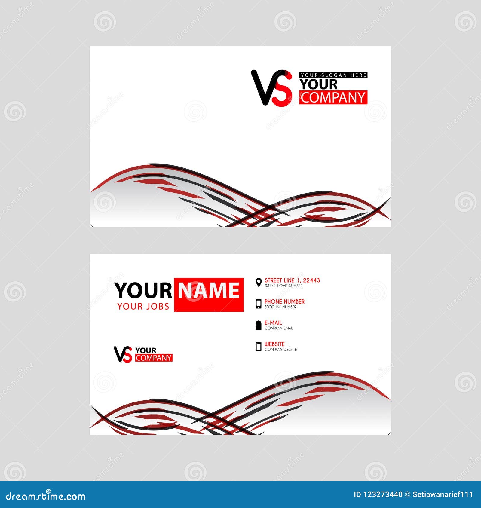 Horizontal Name Card with VS Logo Letter and Simple Red Black and ...