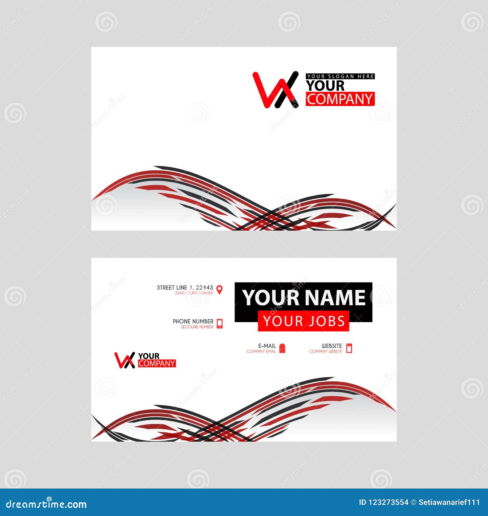 Horizontal Name Card with VX Logo Letter and Simple Red Black and ...