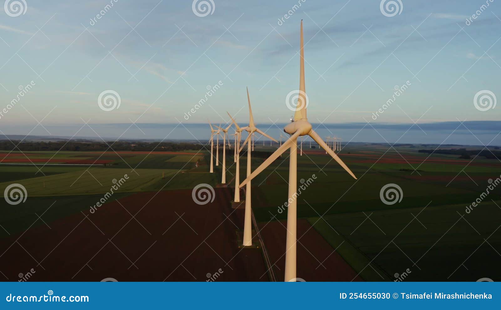 Horizontal Panning from a Drone, View of a Massive Wind Farm among ...