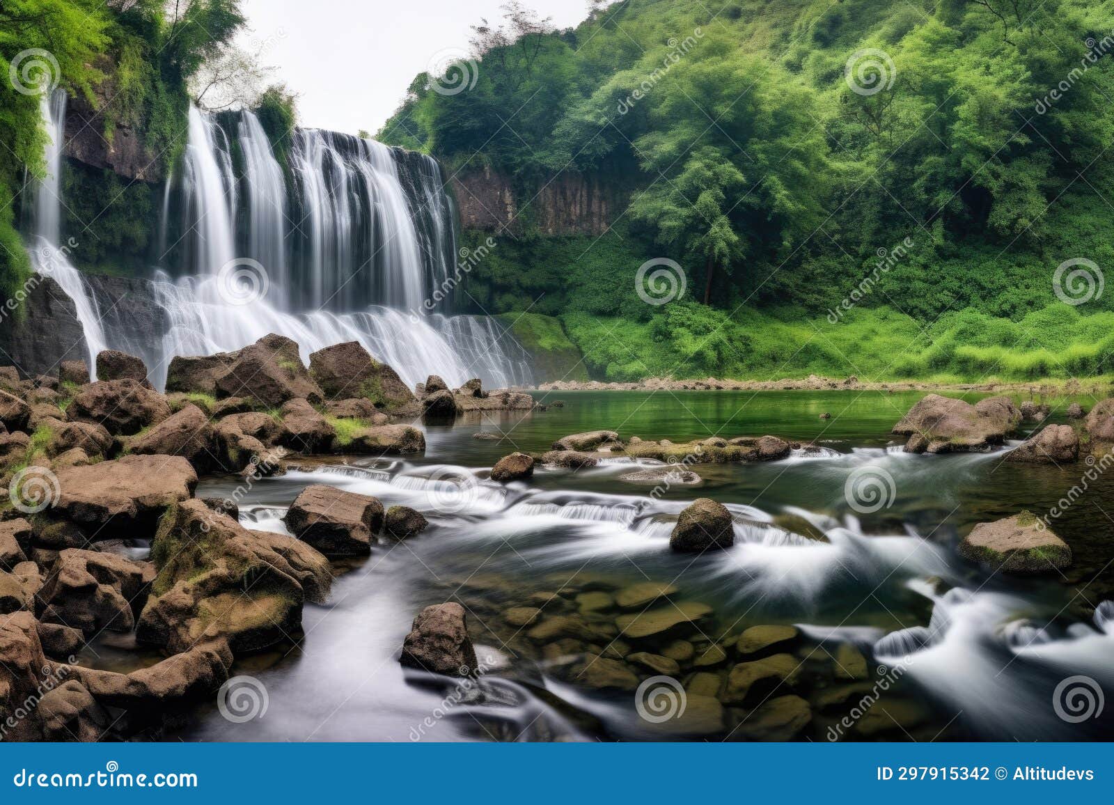 Horizontal Panorama of Wide Multi-step Waterfall Landscape Stock Photo ...