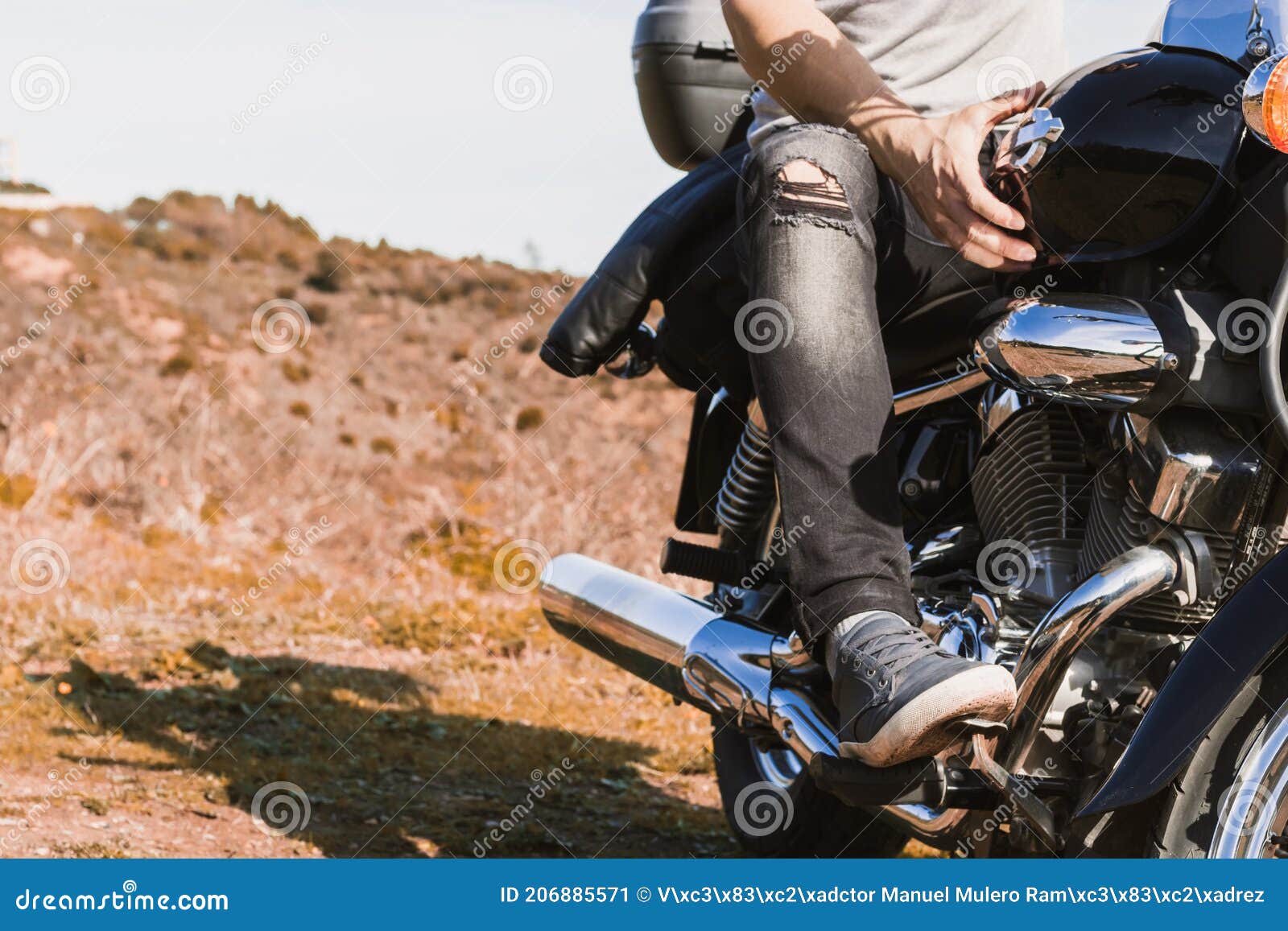 Horizontal Partial View of Young Biker Riding a Custom Motorcycle Stock ...