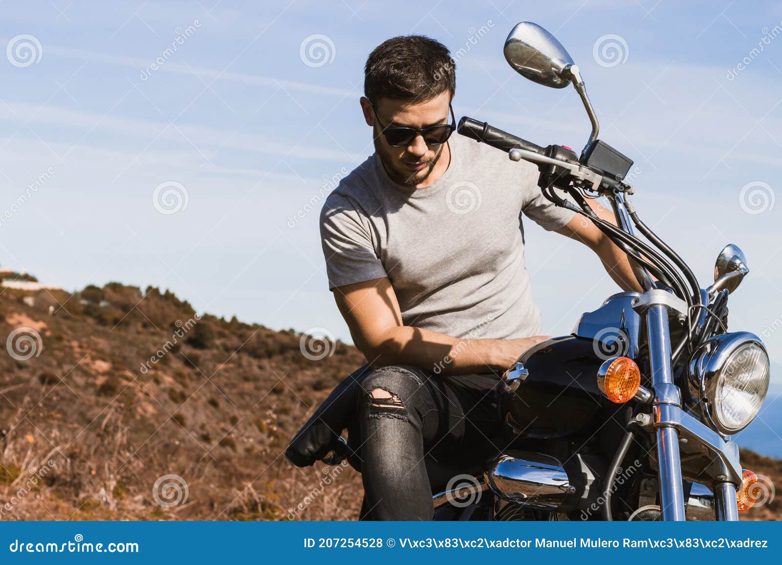 Horizontal Partial View of Young Biker Riding a Custom Motorcycle Stock ...