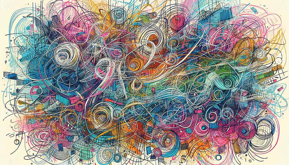 Horizontal Pattern of Chaotic Abstract Doodles of Different Colors ...
