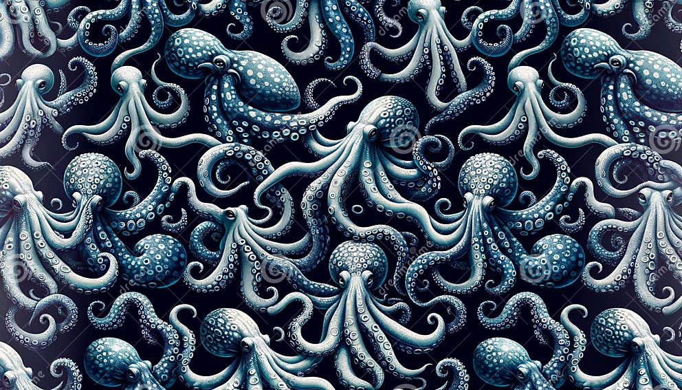 Horizontal Pattern Depicting Octopuses with Outstretched Tentacles on a ...
