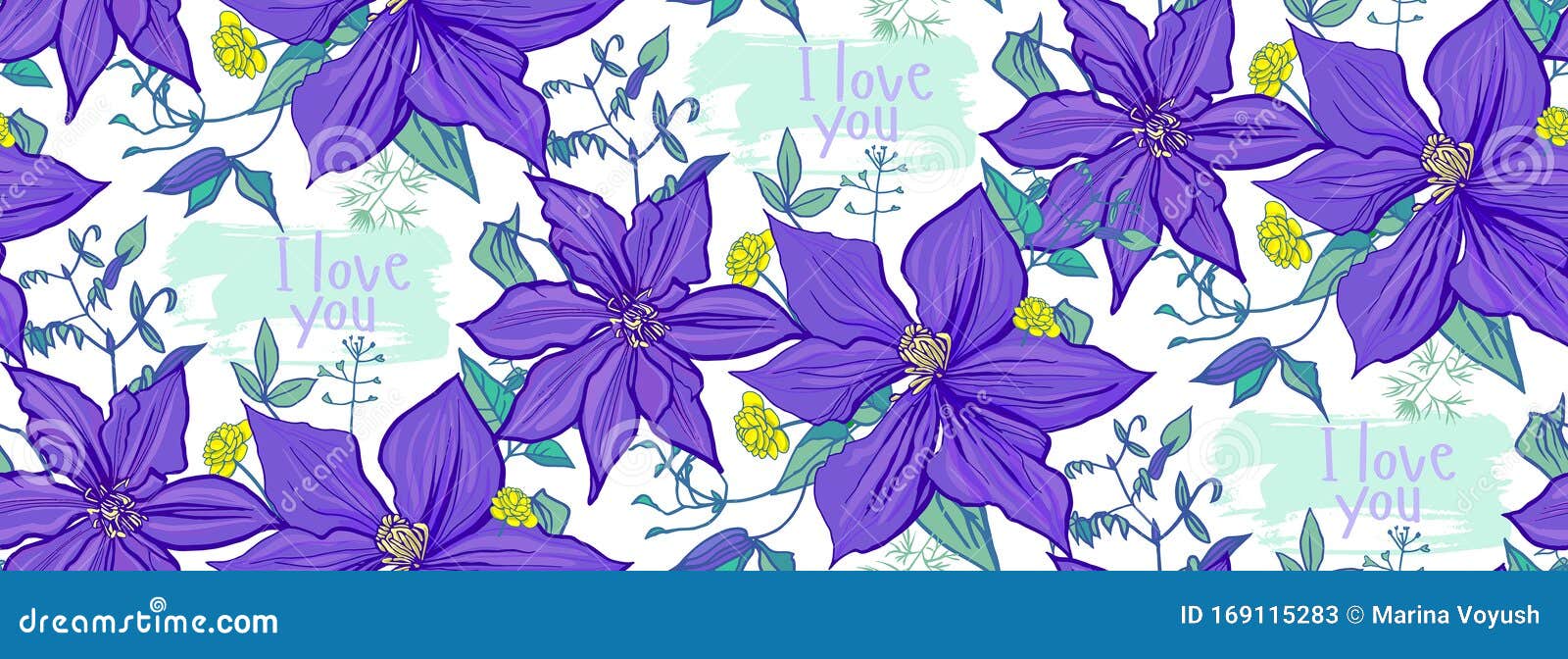 Horizontal Pattern with Purple Flowers Clematis Stock Vector ...