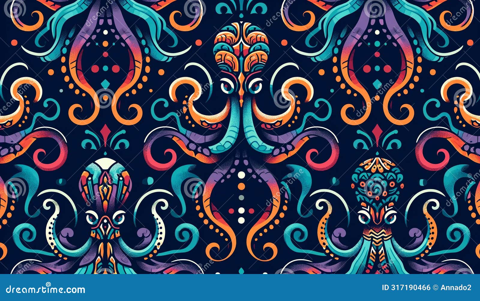 Horizontal Pattern with Stylized Octopuses on a Navy Background in ...
