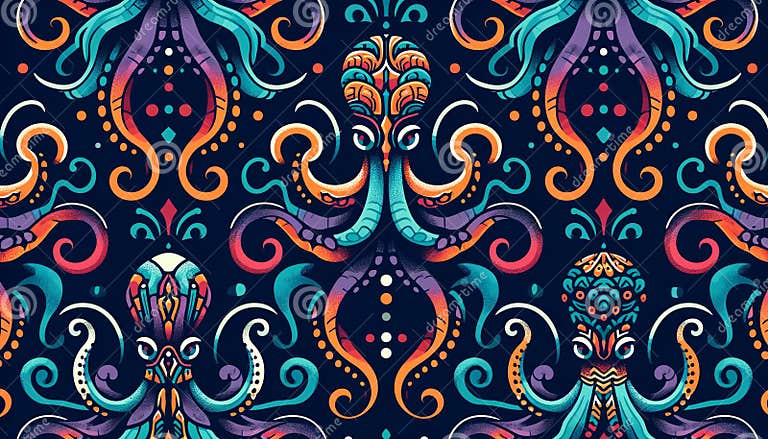 Horizontal Pattern with Stylized Octopuses on a Navy Background in ...