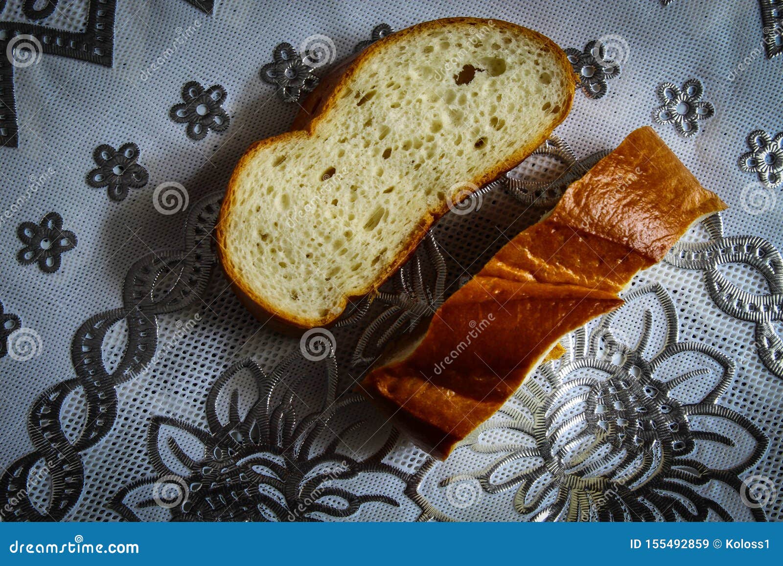 Two Fresh Pieces of White Bread on the Tablecloth Stock Image - Image ...