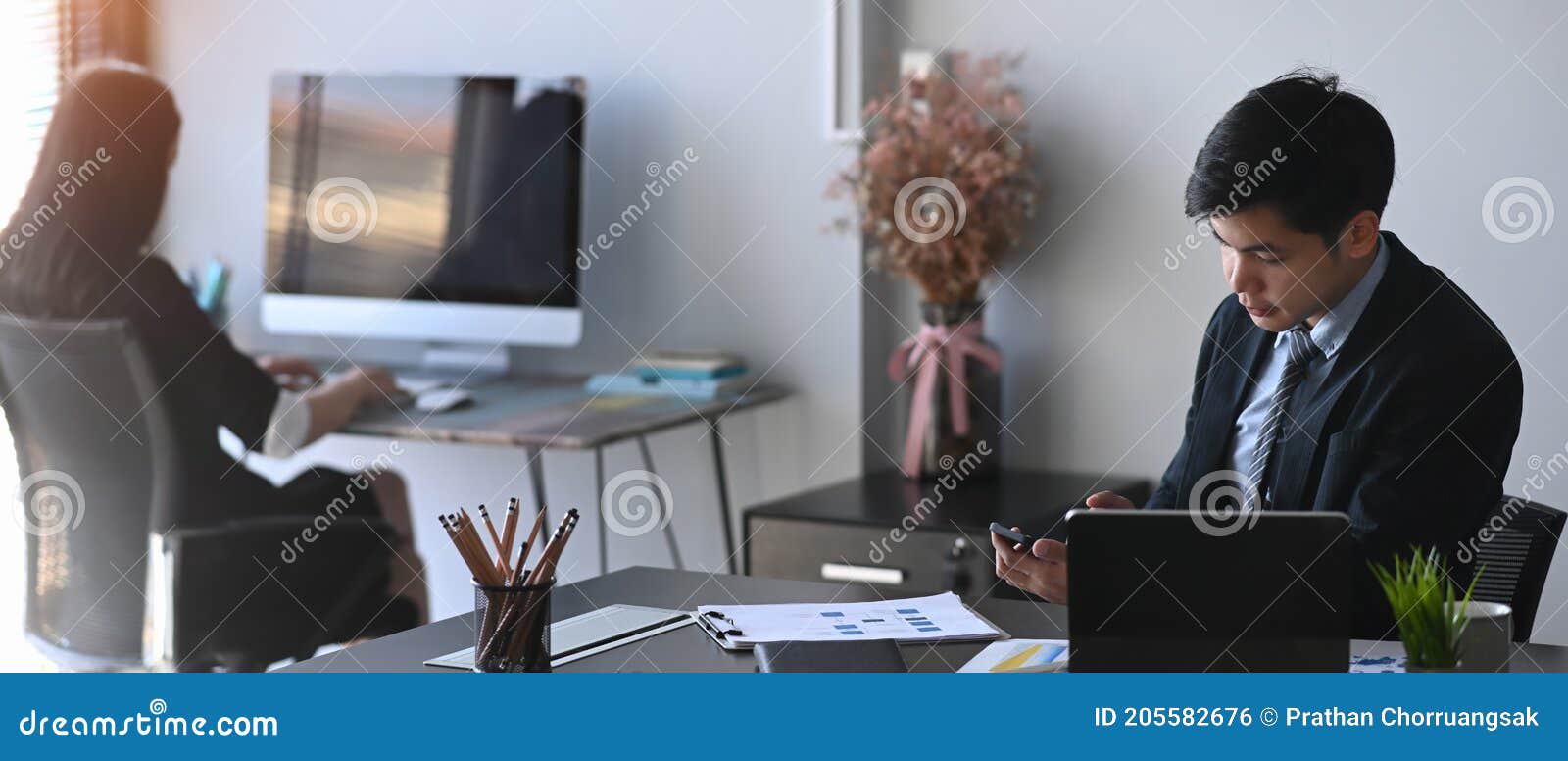 Two Office Worker Working and Sitting Together in Modern Office. Stock ...