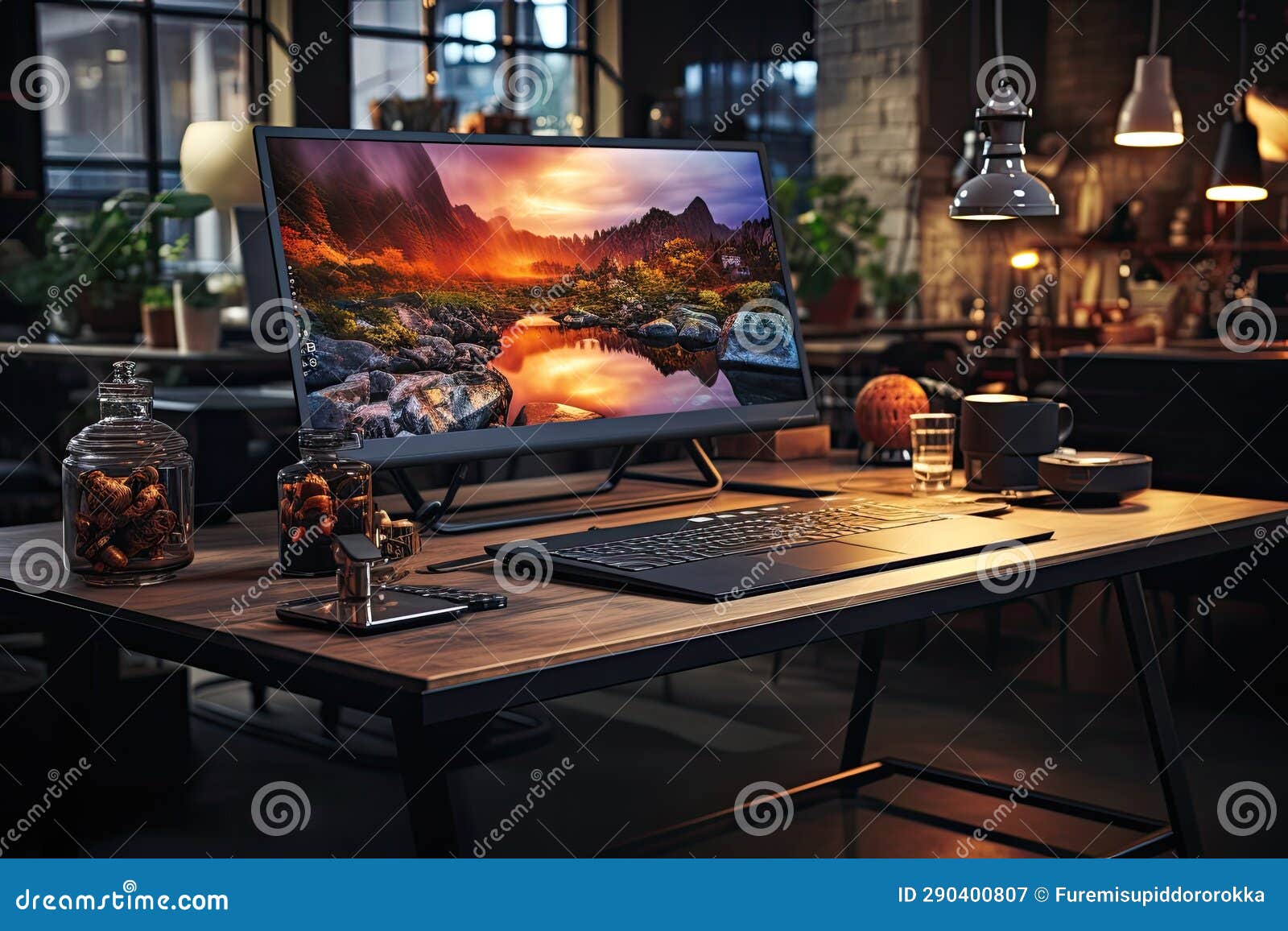 A Horizontal Photograph of a Modern Workspace with a Laptop and ...